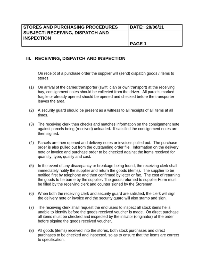 Stores Receiving and Dispatch Sop | PDF | Voucher | Business