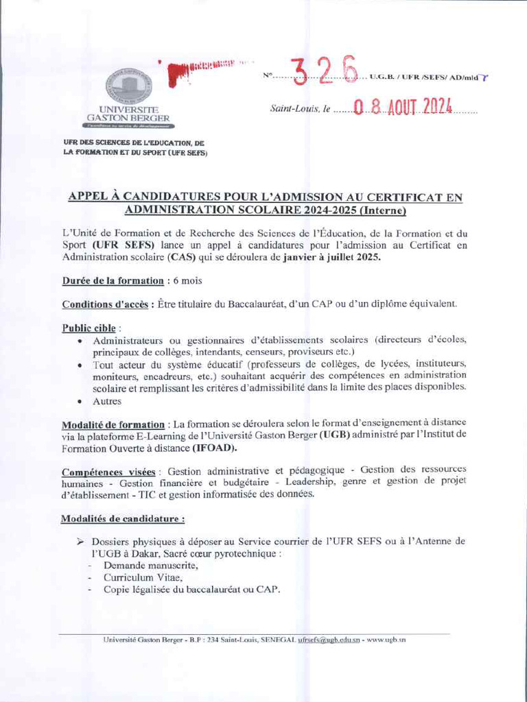 Appel Ã Candidatures Pour L'admission Au CAS 2024-2025 (Interne) | PDF