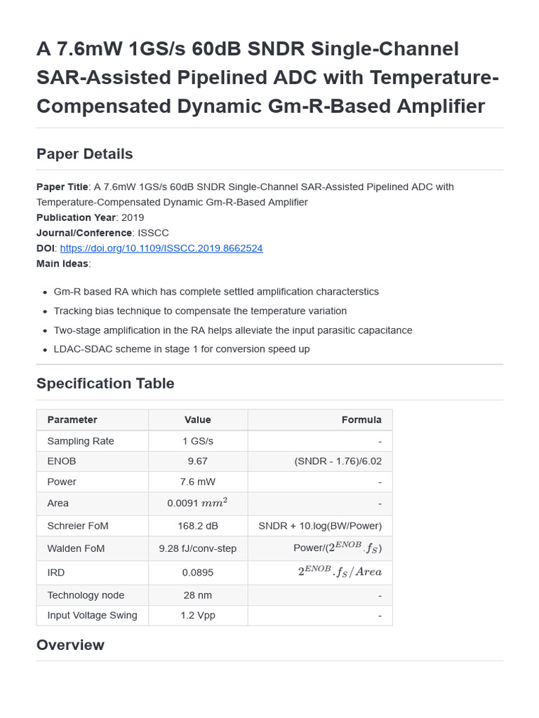 A 7.6mW 1GS - S 60dB SNDR Single-Channel SAR-Assisted Pipelined ADC With Temperature-Compensated ...