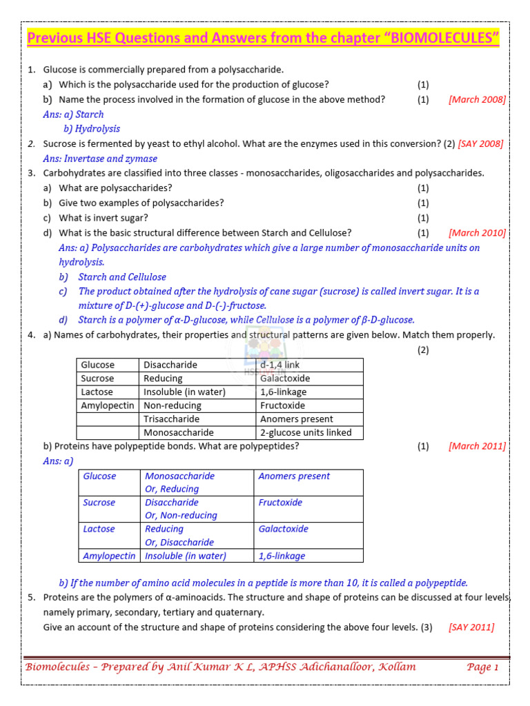 Hsslive Xi Chem Pyq Ans 10. Biomolecules | PDF