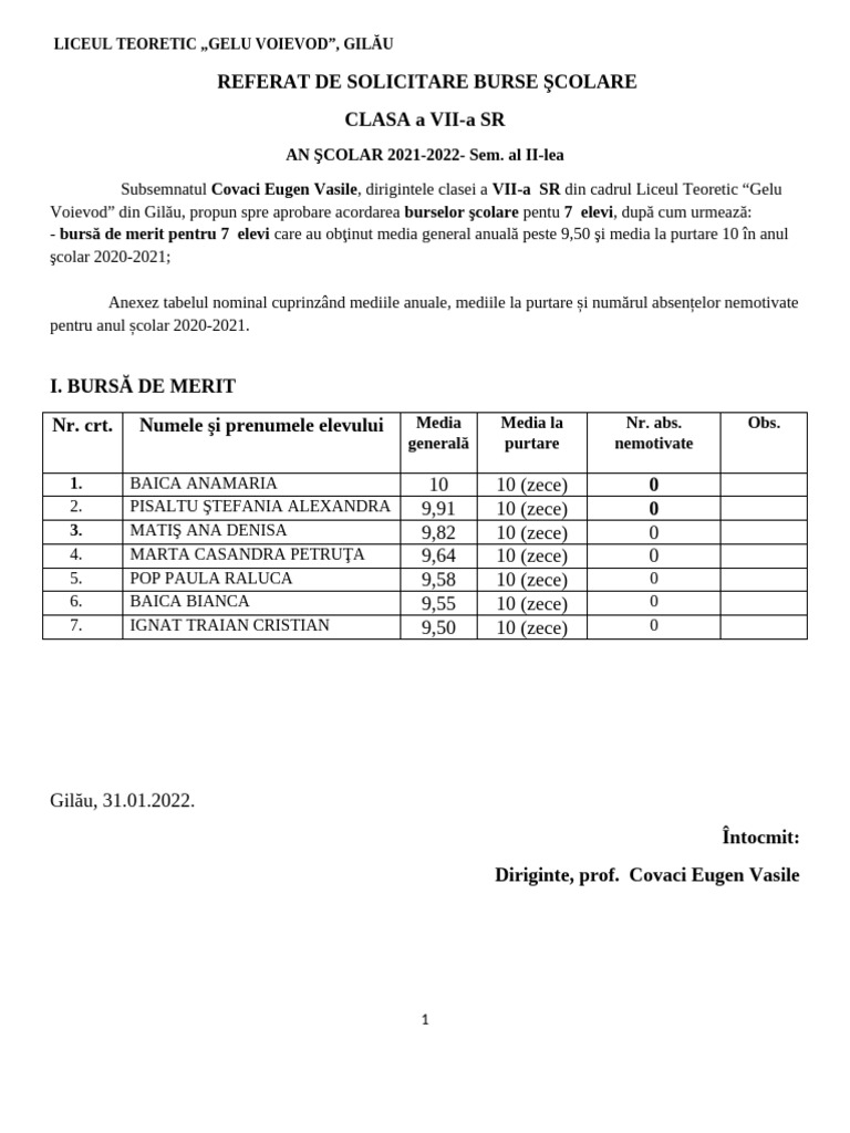 Referat Solicitare Burse Scolare-2021-2022-SEM II | PDF