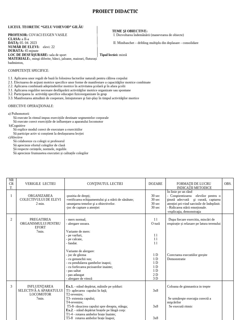 Proiect Didactic Clasa A II-a | PDF