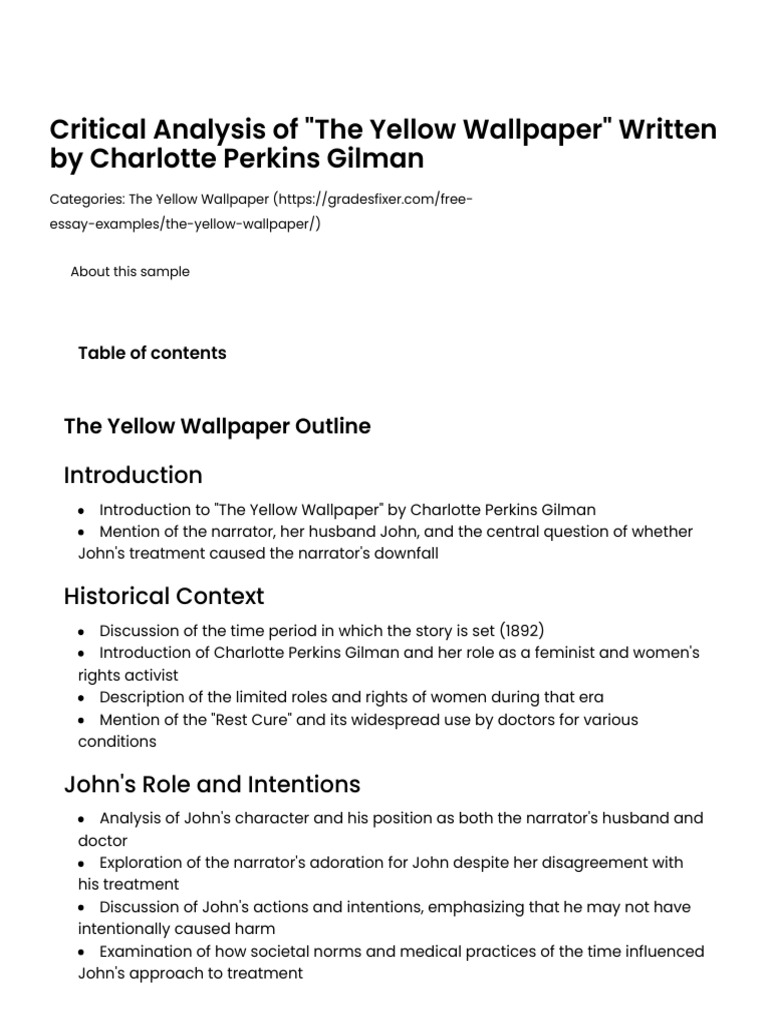 Critical Analysis of "The Yellow Wallpaper" Written by Charlotte ...