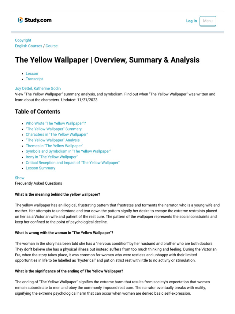 The Yellow Wallpaper - Overview, Summary & Analysis - Lesson | PDF