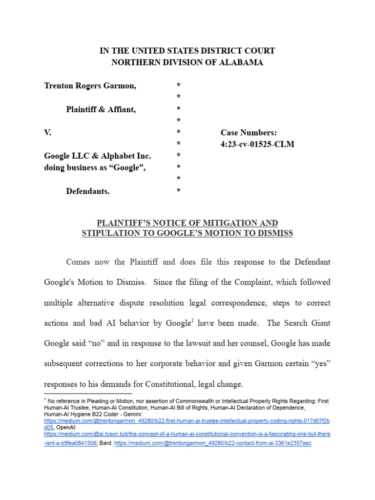 Plaintiff'S Notice of Mitigation and Stipulation To Google'S Motion To ...