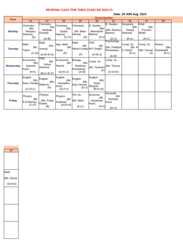 Remedial Class Xii Time Table (26 - 30th Aug) - 1 | PDF