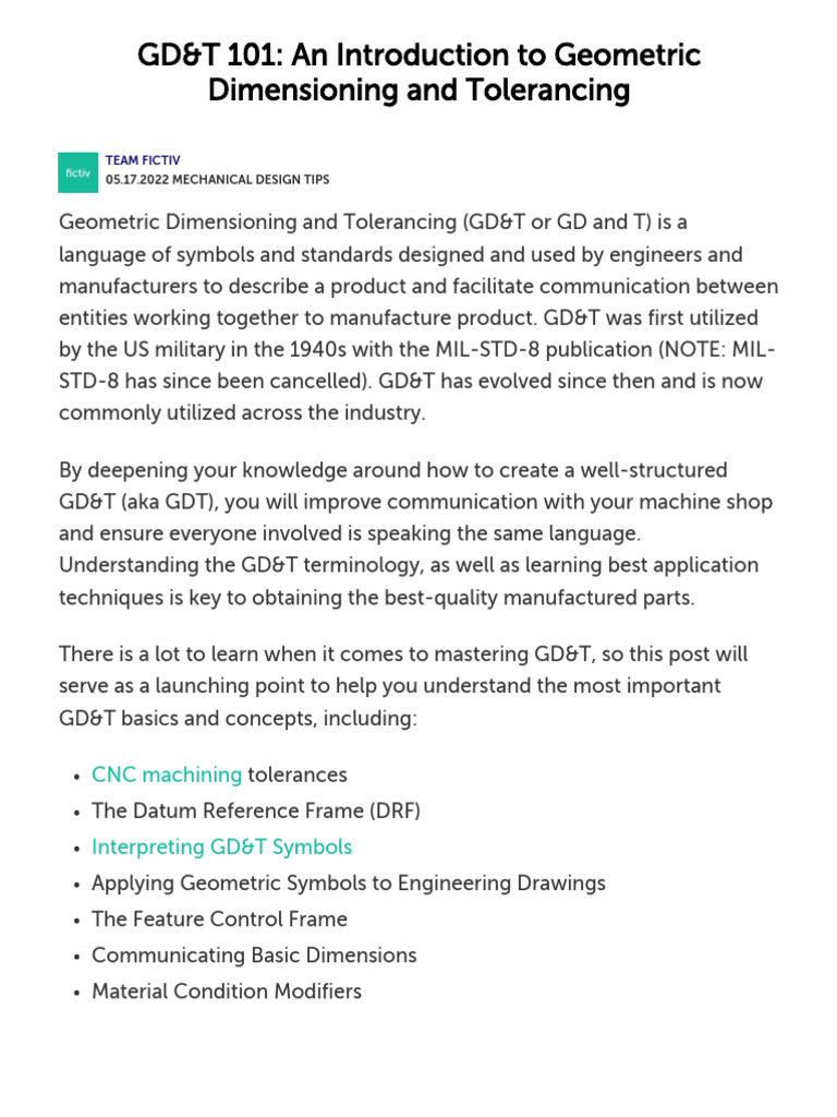 #Fictiv - GD&T 101 - An Intro To Geometric Dimensioning and Tolerancing | PDF