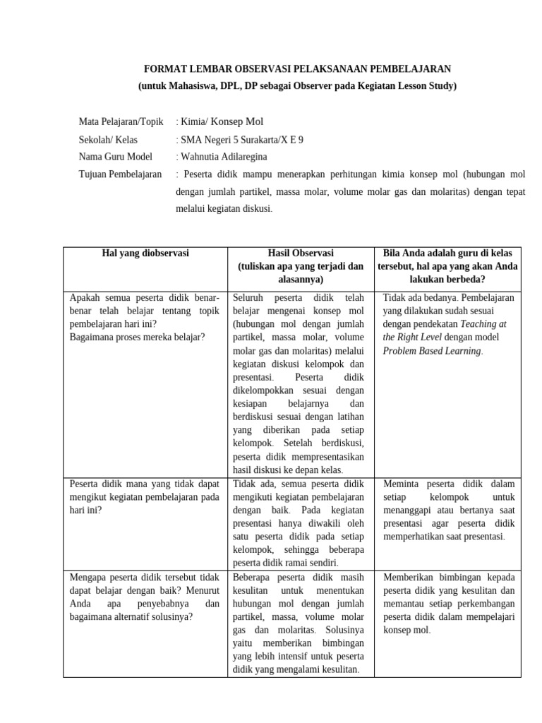 LESSON STUDY, REFLEKSI, DAN RTL SIKLUS 1 | PDF
