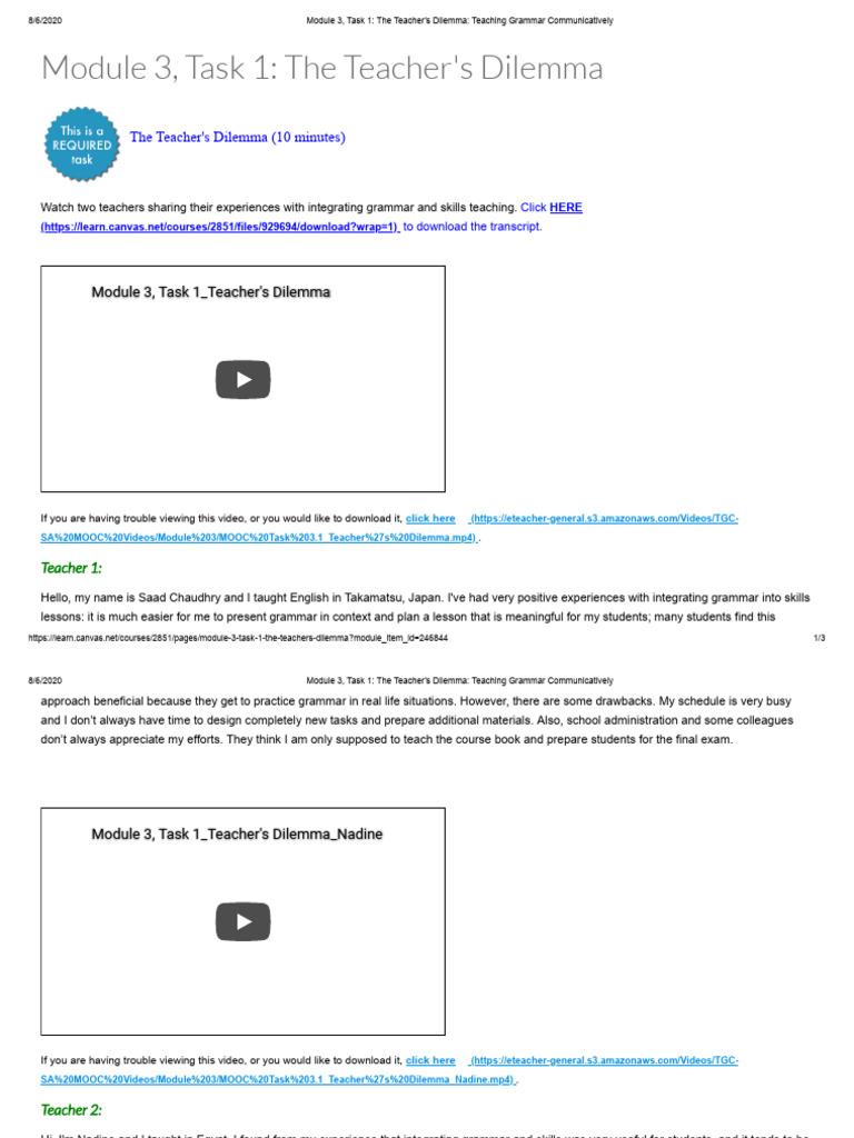 Module 3, Task 1 - The Teacher's Dilemma - Teaching Grammar Communicatively | PDF | Cognitive ...