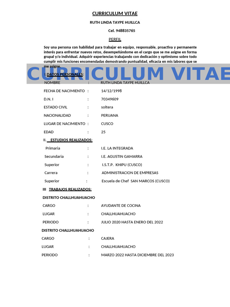 Curriculum Vitae - Ruth Linda Taype Huillca | PDF