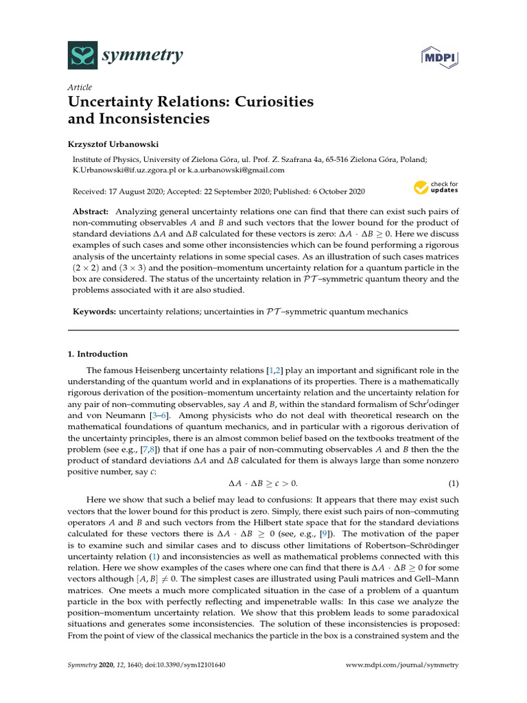 Symmetry-12-01640 - Uncertainty Relations: Curiosities and Inconsistencies | PDF