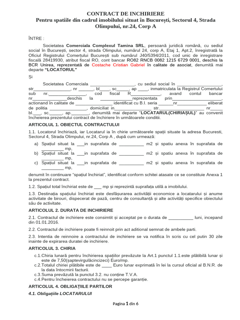 Contract de Inchiriere Cadru | PDF