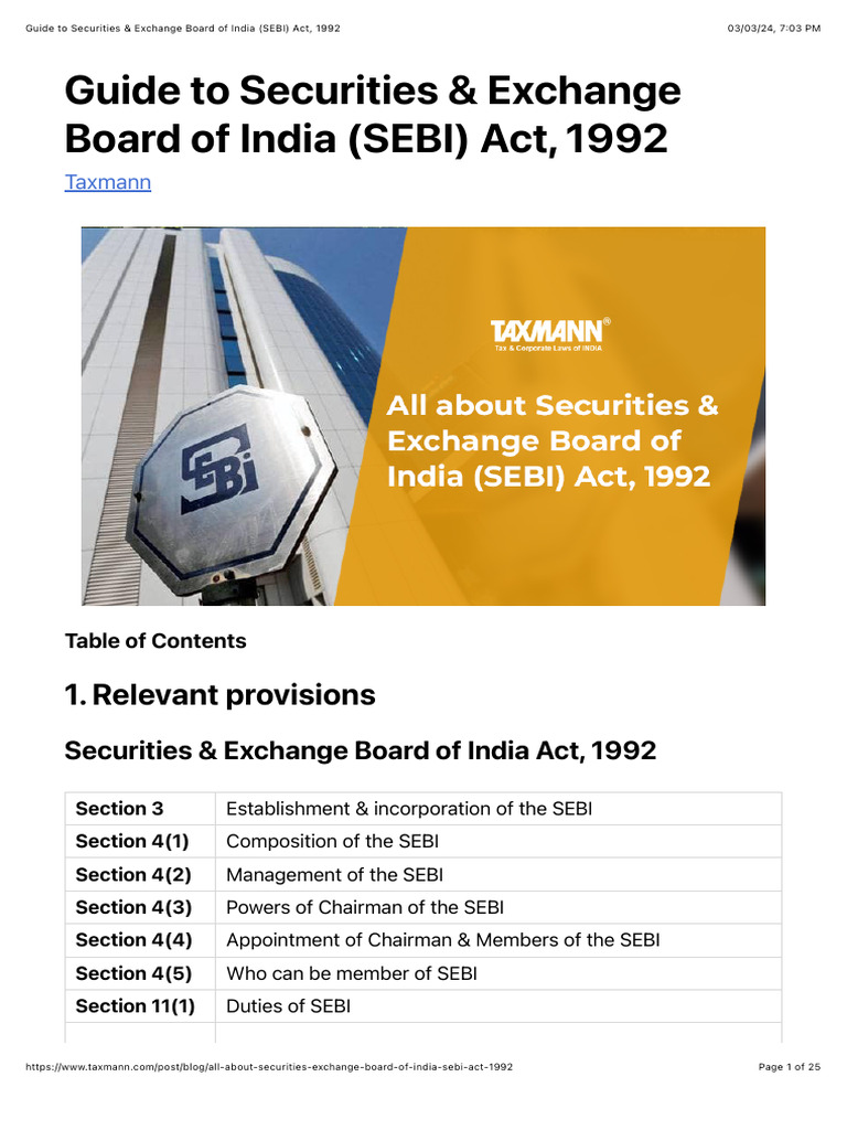 Guide To Securities & Exchange Board of India (SEBI) Act, 1992 | PDF