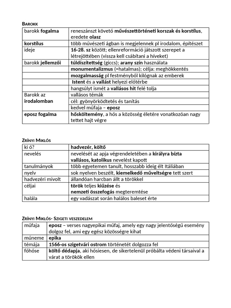 Barokk - Irodalom - 7. Osztály | PDF