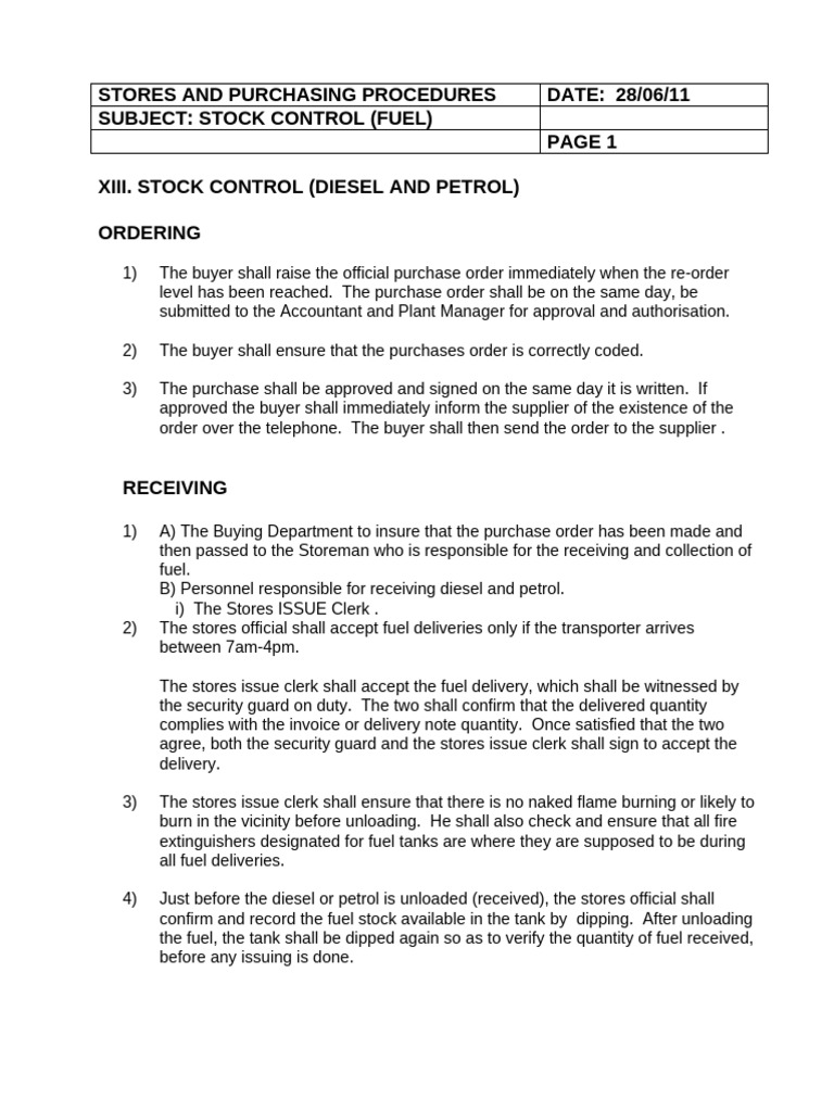 Fuel Stock Control Sop | PDF