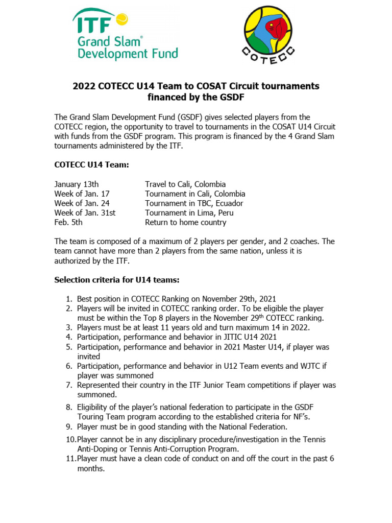 Criteria Selection For Players COTECC U14 Team To COSAT 2022 ENG ESP | PDF