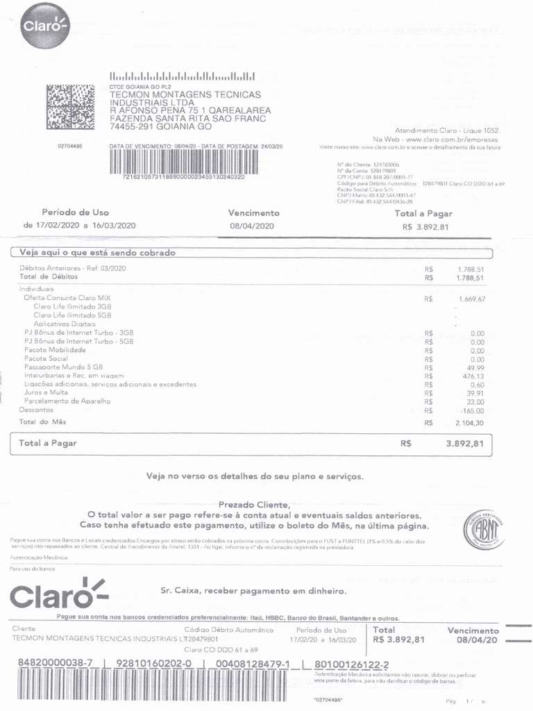 Fatura 02 Claro Tecmon Abr2020 | PDF