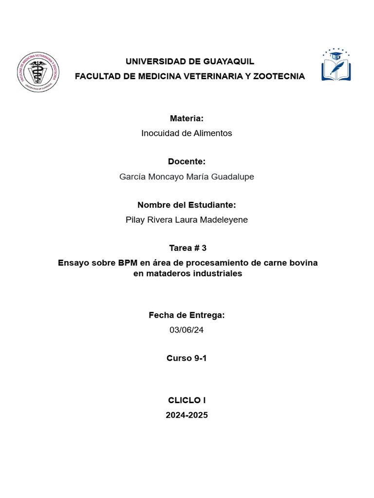 Tarea # 3 Ensayo Sobre BPM en Área de Procesamiento de Carne Bovina | PDF | Seguridad ...