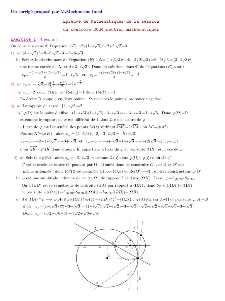 Corrigé-Épreuve de Math-Session de Contrôle 2024 | PDF