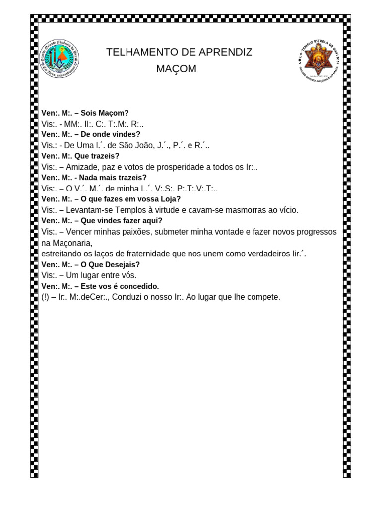 Telhamento Do Grau de A.'. M.'. ESTRELA DE DAVI | PDF