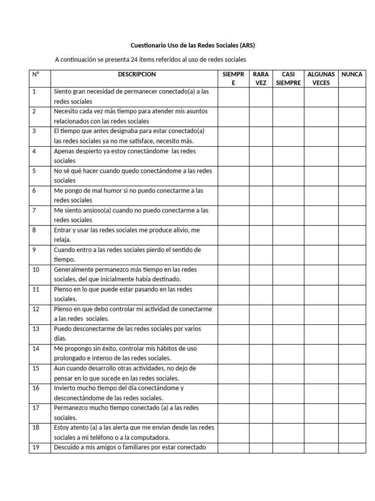 Cuestionario Uso de las Redes Sociales | PDF