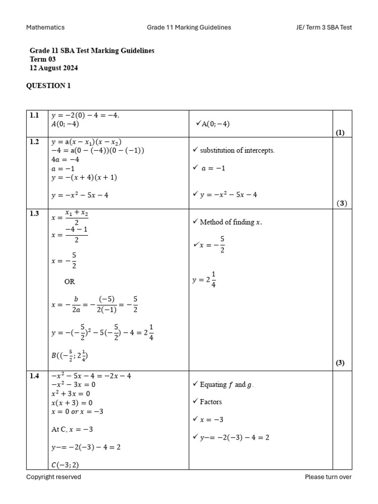 Grade 11 Term 3 SBA Test Marking Guidelines | PDF | Mathematics ...