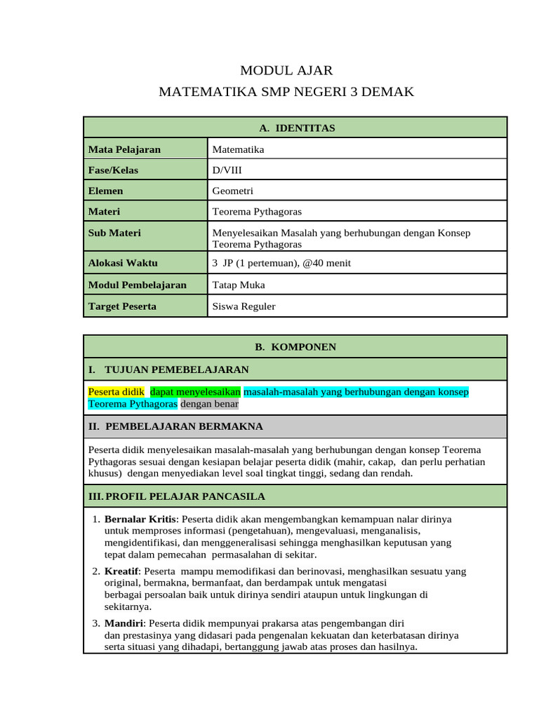Modul Ajar Teorema Pythagoras -Penerapan Konsep (1) | PDF