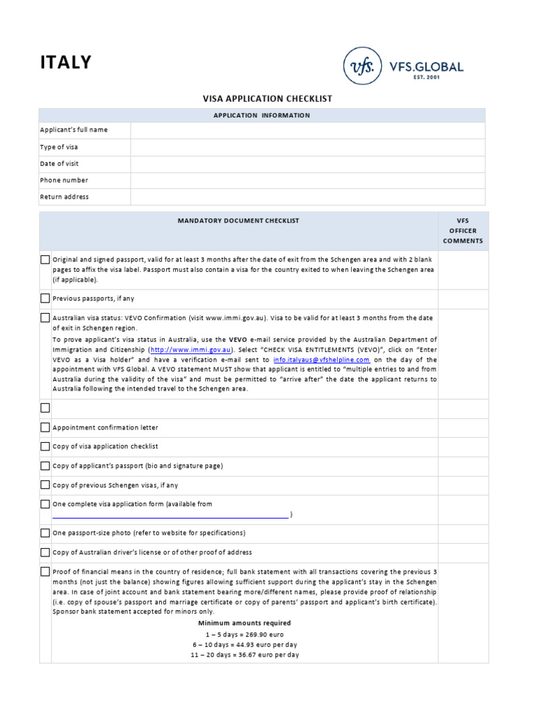 VFS Checklist ITALY | PDF