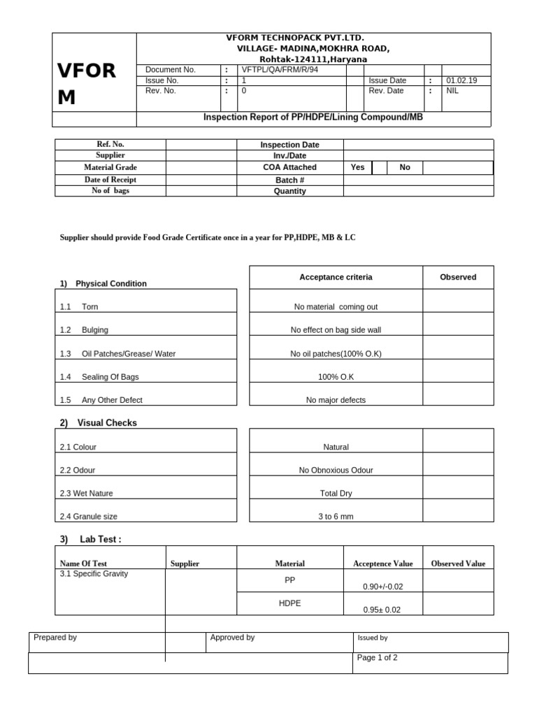 VFT-R-94 Inspe Report of PP-HDPE-LC-MB | PDF