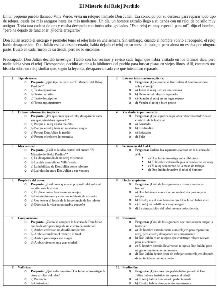 El Misterio Del Reloj Perdido Narrativo 1 | PDF | Adjetivo | Reloj