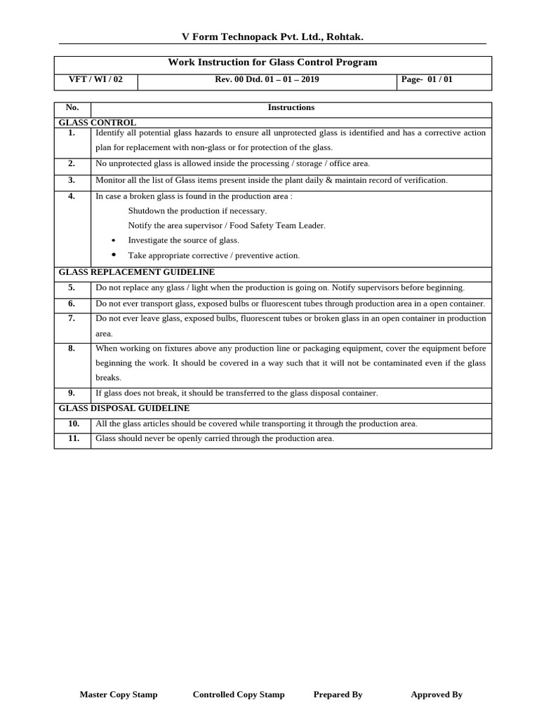 VFT-WI-02 Work Instruction for Glass Control Program | PDF