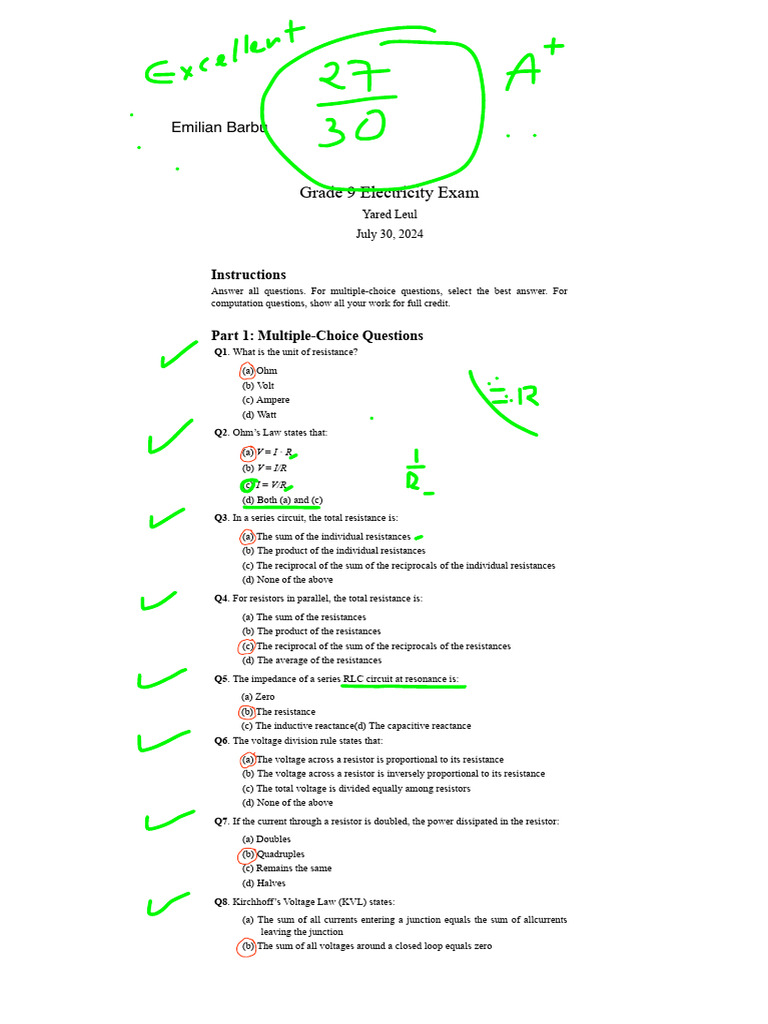 Electricity Grade 9 Exam | PDF