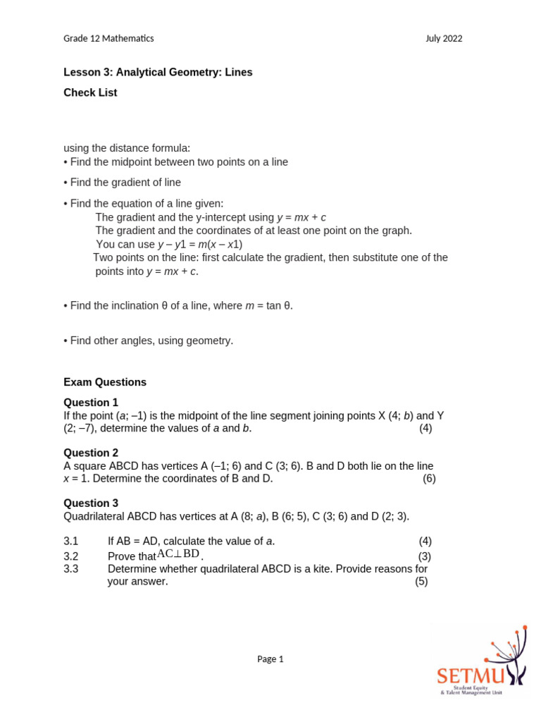 Grade 12 Mathematics Lesson 3 Analytical Geometry Lines | PDF | Line ...