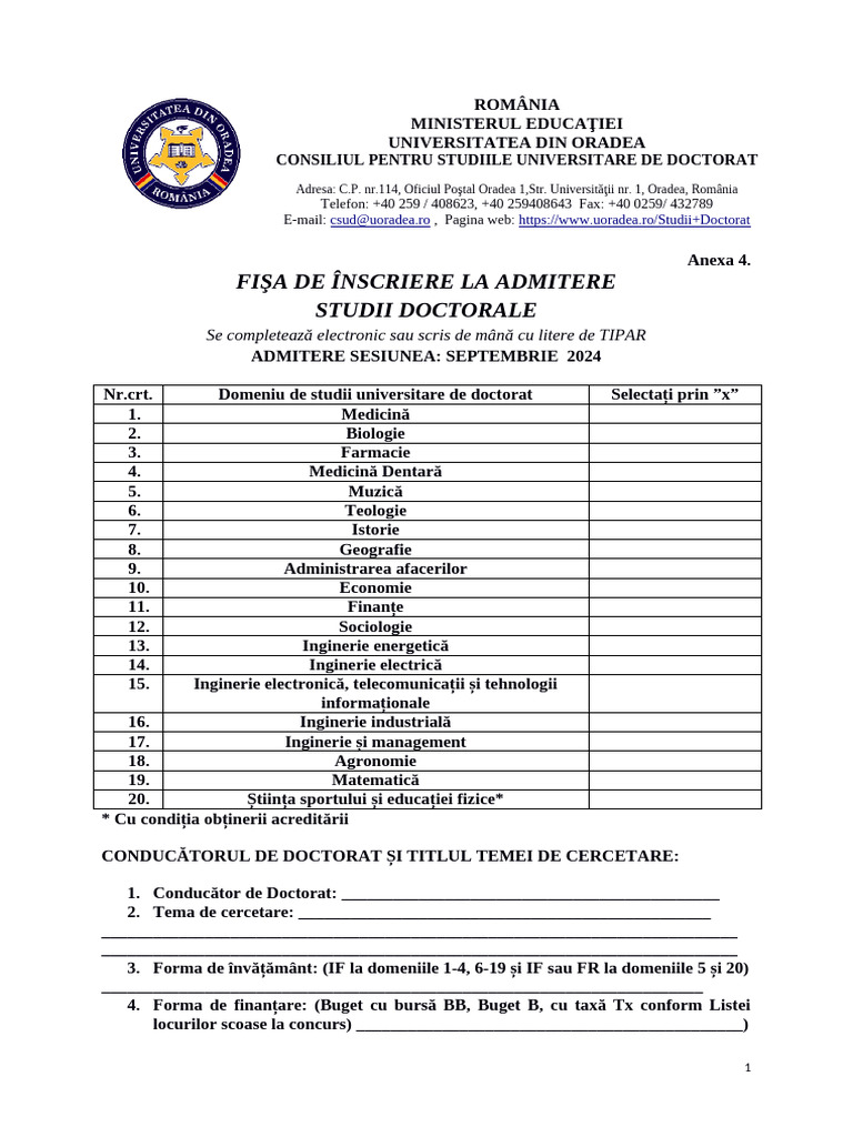 Anexa 1 - Formular Fisa de Inscriere RO - Met SUD | PDF