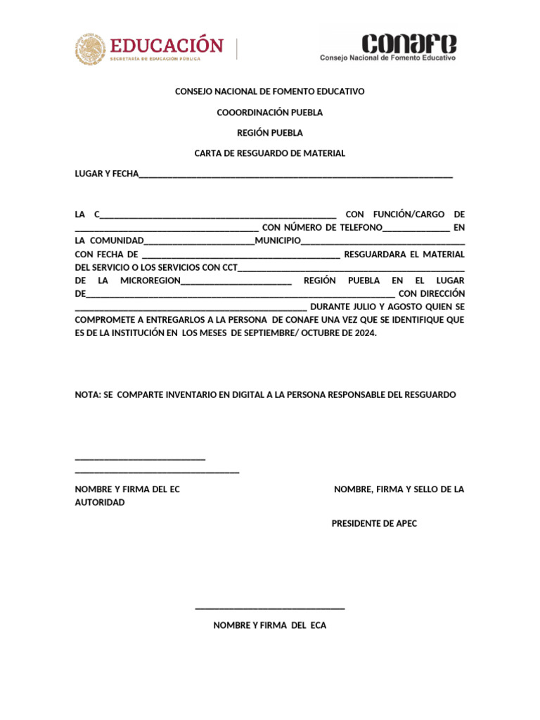 Carta de Resguardo - Digital | PDF