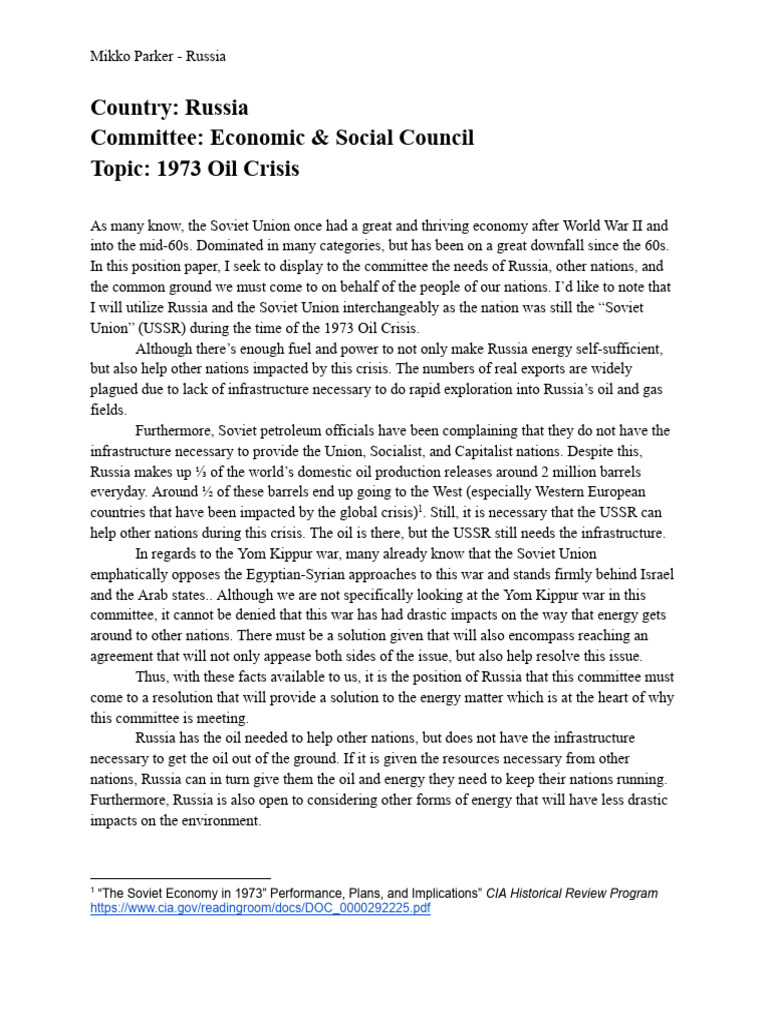Position Paper MUN 1973 Oil Crisis Committee | PDF