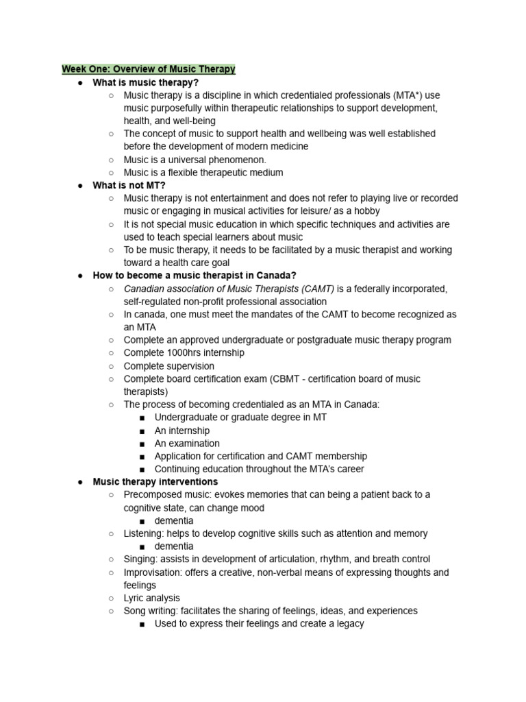 Week One - Overview of Music Therapy | PDF