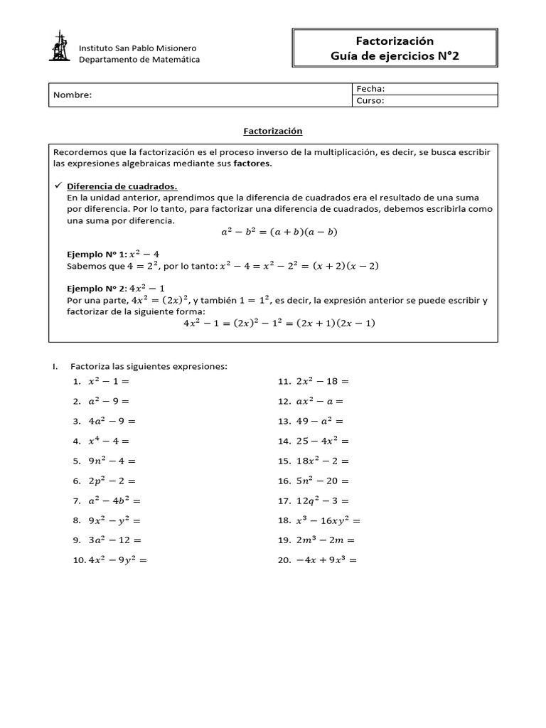 Guía Factorización N°2 | PDF