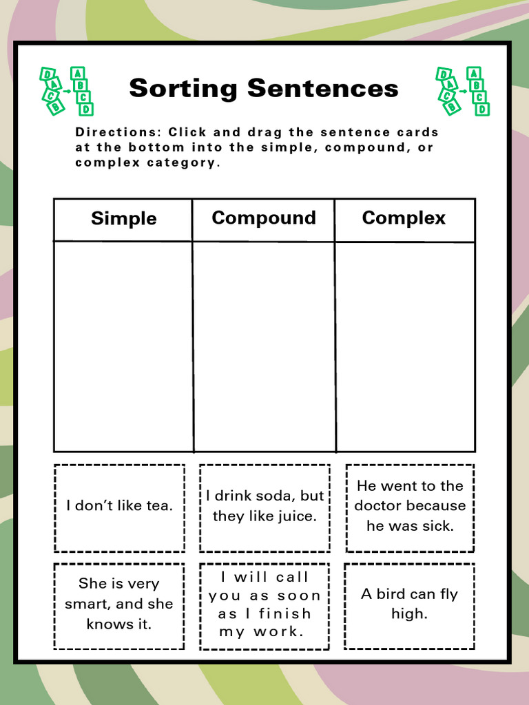 Sorting Simple, Compound and Complex Sentences Digital Worksheet in ...