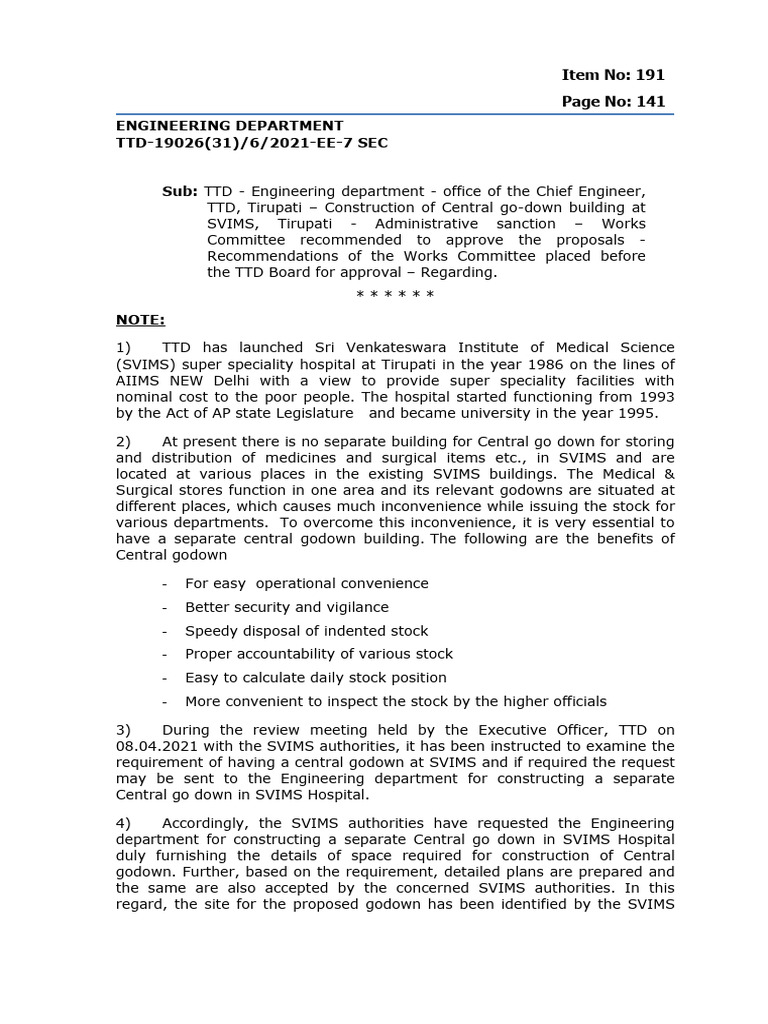 Engineering Department TTD-19026 (31) /6/2021-EE-7 SEC: Item No: 191 ...
