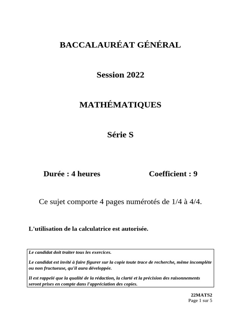 Sujet BAC S 2022 | PDF