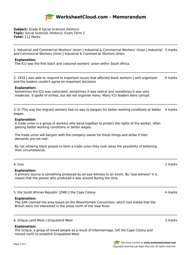 1newg8 History Term 2 Exam Memo | PDF | Orange Free State | Travel