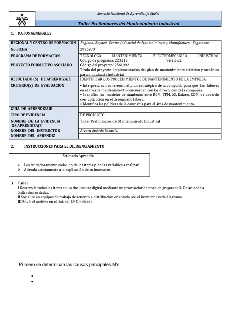 Taller Preliminares Del Mantenimiento Industrial | PDF