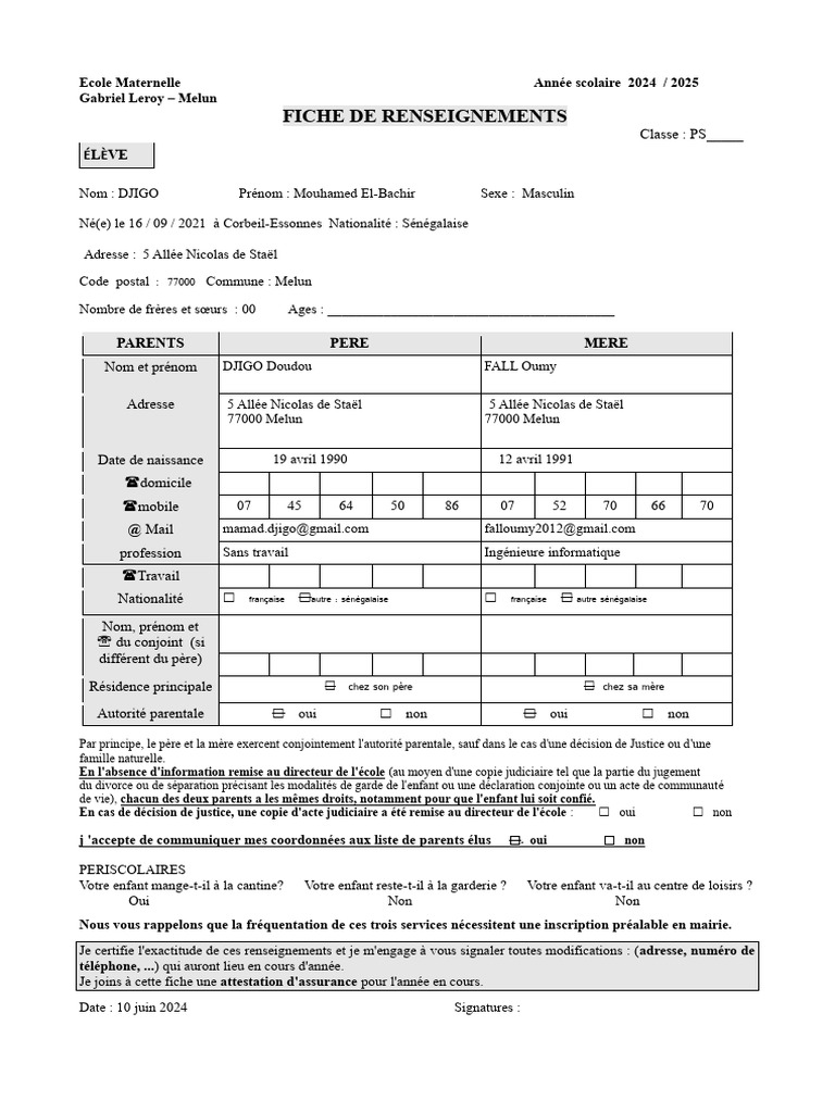 Fiche de Renseignement Gabriel Leroy 2021.2022 | PDF