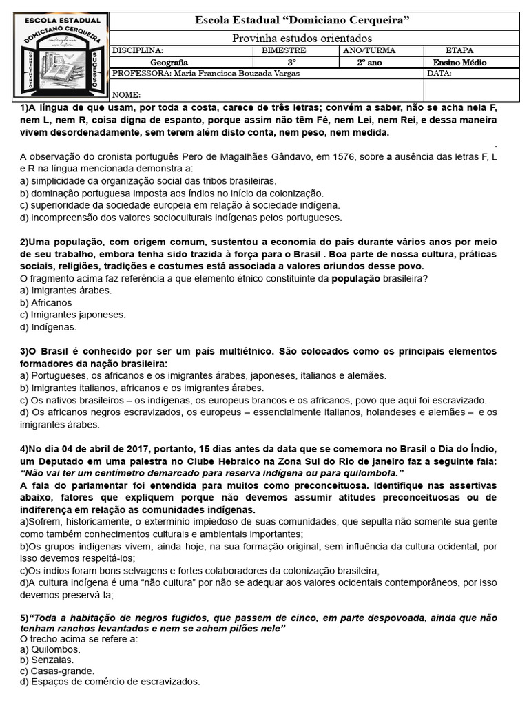 Provinha 2° Ano Orientados | PDF | Povos indígenas | Estudos de Línguas Estrangeiras