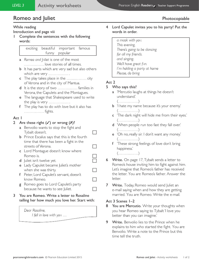 Literature English Readers Romeo and Juliet Worksheets SSSG | PDF