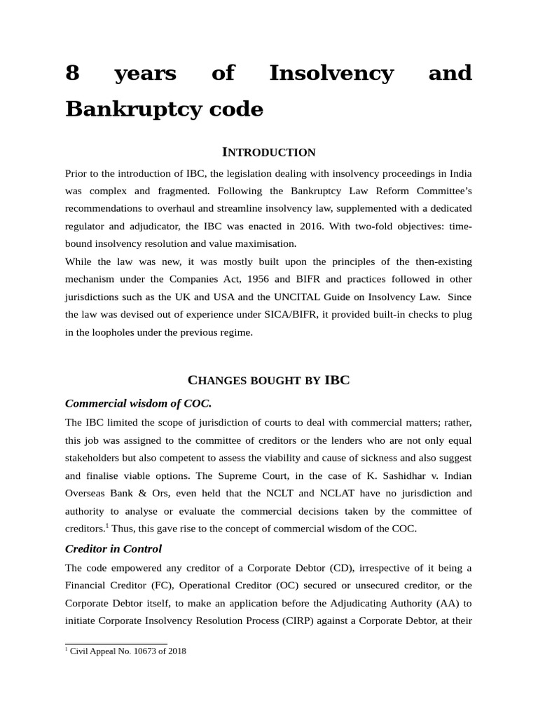 8 Years of Insolvency and Bankruptcy Code | PDF