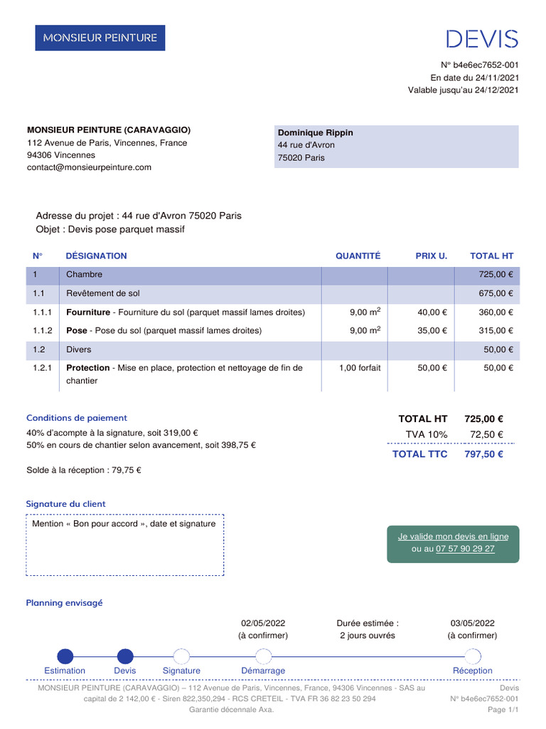 Devis Pose Parquet Massif Monsieur Peinture Paris | PDF