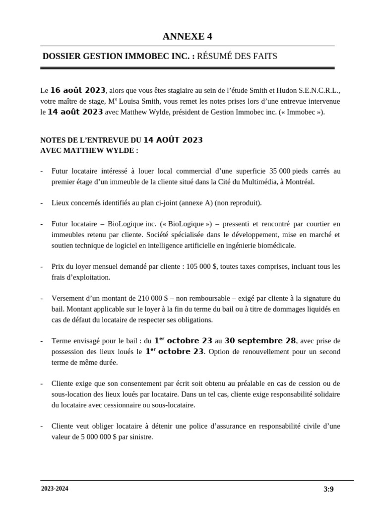 THÉORIE Jour 3 Annexe 4 - Dossier Gestion Immobec Inc. | PDF