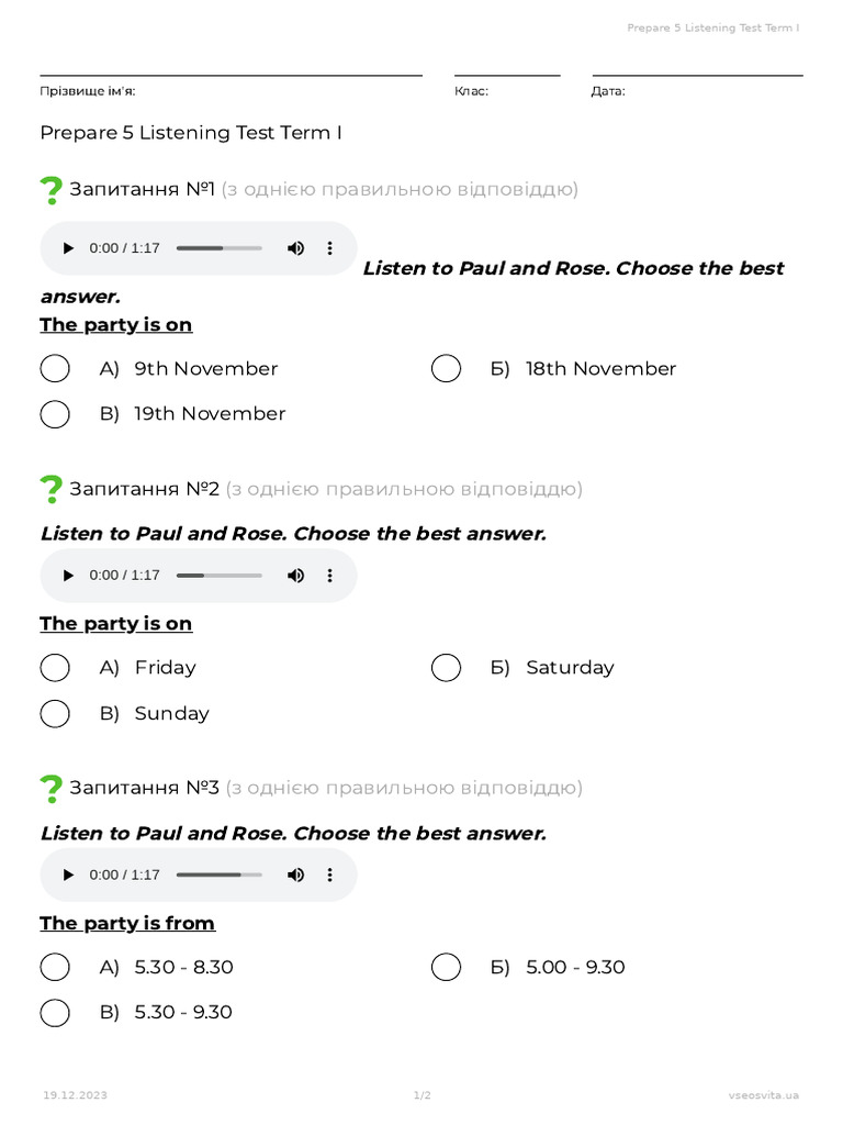 Prepare 5 Listening Test Term I 20231219 094059 | PDF